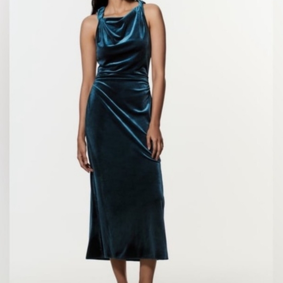 Zara | Dresses | Zara Velvet Midi Dress Duck Blue Sz L Nwt | Poshmark